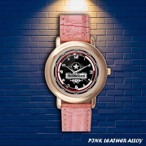 Brand New Heineken Bier Logo Custom Gold-tone Pink Leather Watch by ...
