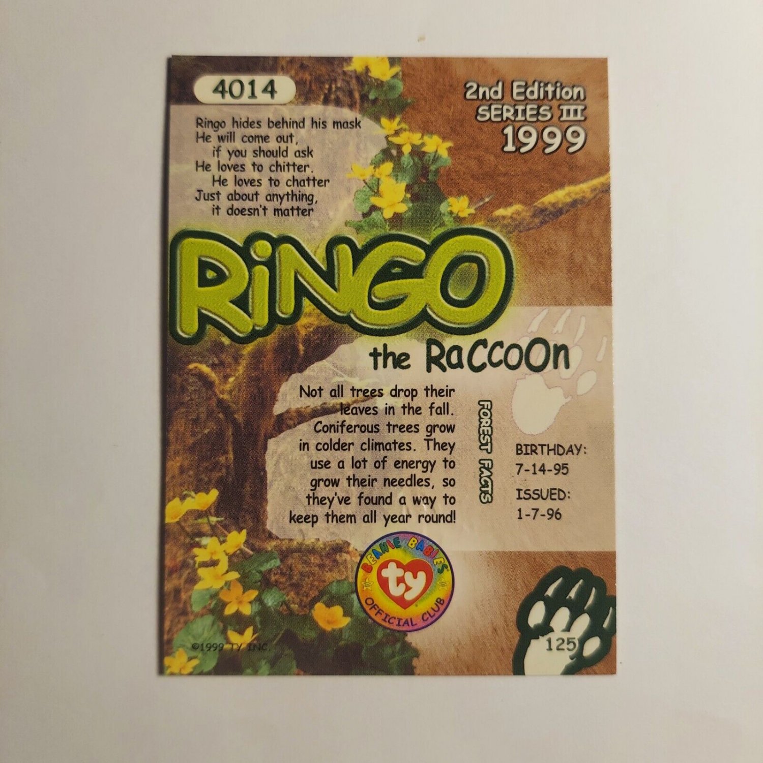 Ty Beanie Babies Ringo the Raccoon Trading Card 2nd Edition Series III 1999