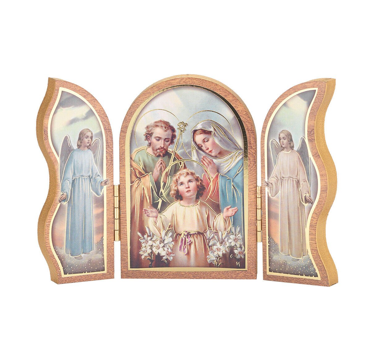 Gold Embossed Holy Family Folding Wood Triptych Catholic Devotional