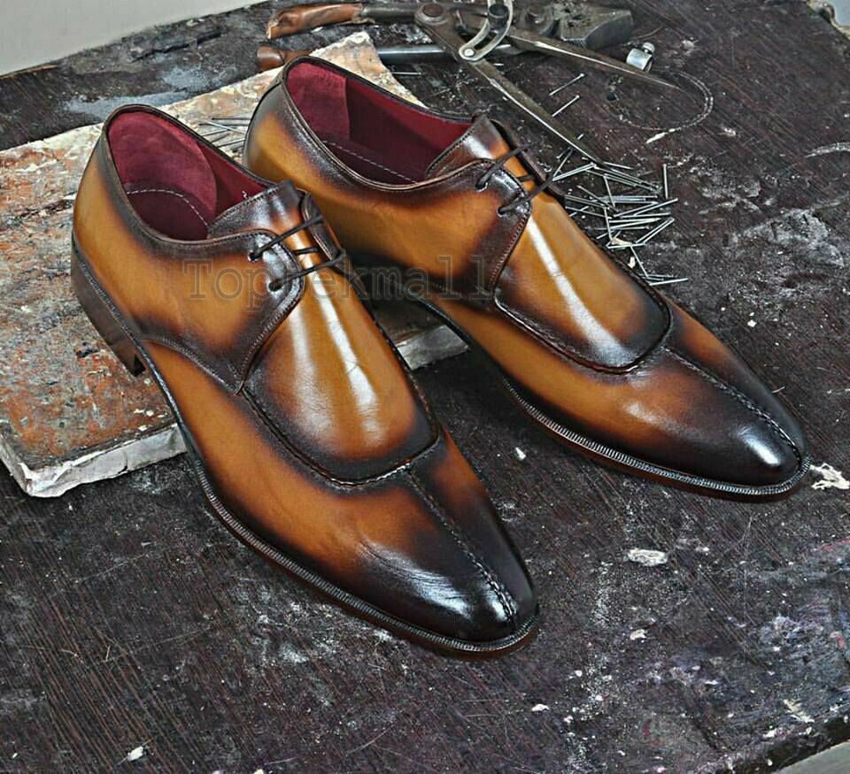 Handmade Men's Leather Tan Color Formal Dress Classical Burnished Toe ...