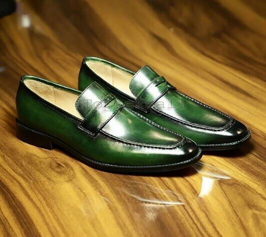 Handmade Men's Leather New Green Loafers Slip Ons Classic Unique Design ...