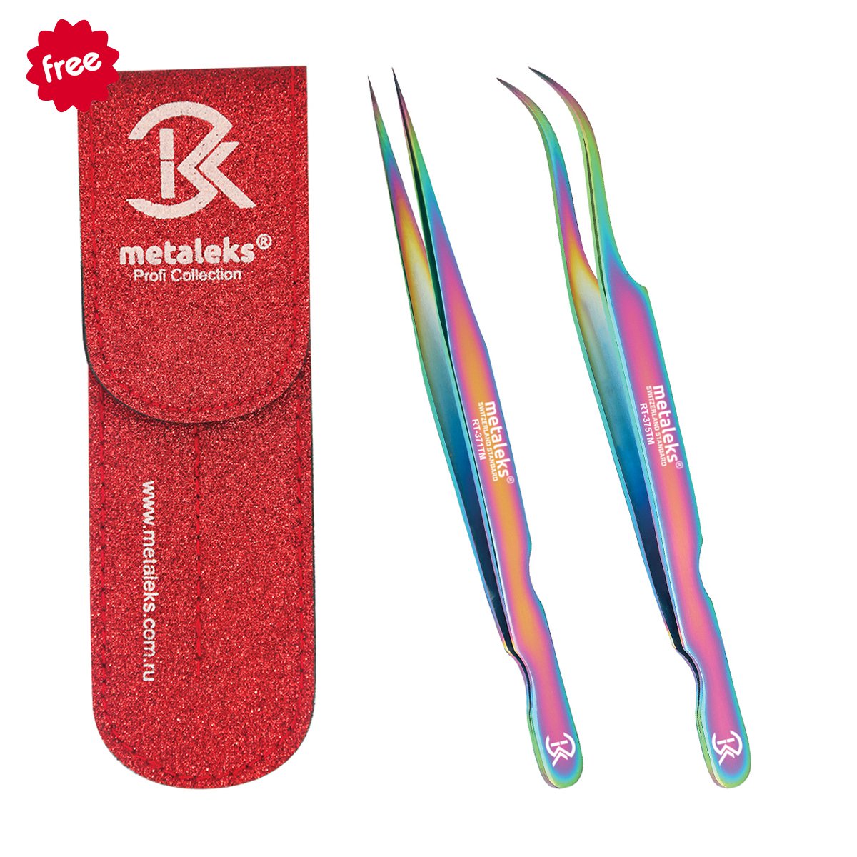 Multi Titanium Coated Tweezers with Red Metallic Double Tweezer Pouch