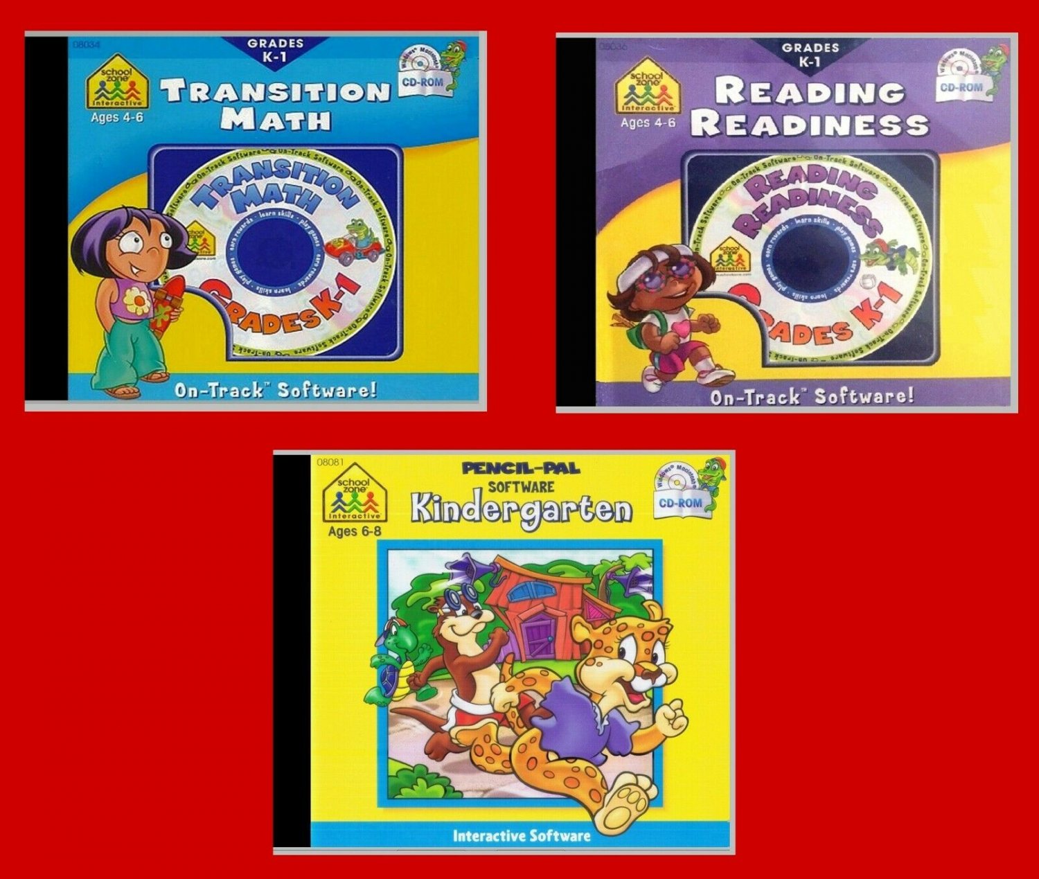 SCHOOL ZONE KINDERGARTEN. 3 BRAND NEW CD-ROM PROGRAMS GRADES K TO 1 ...