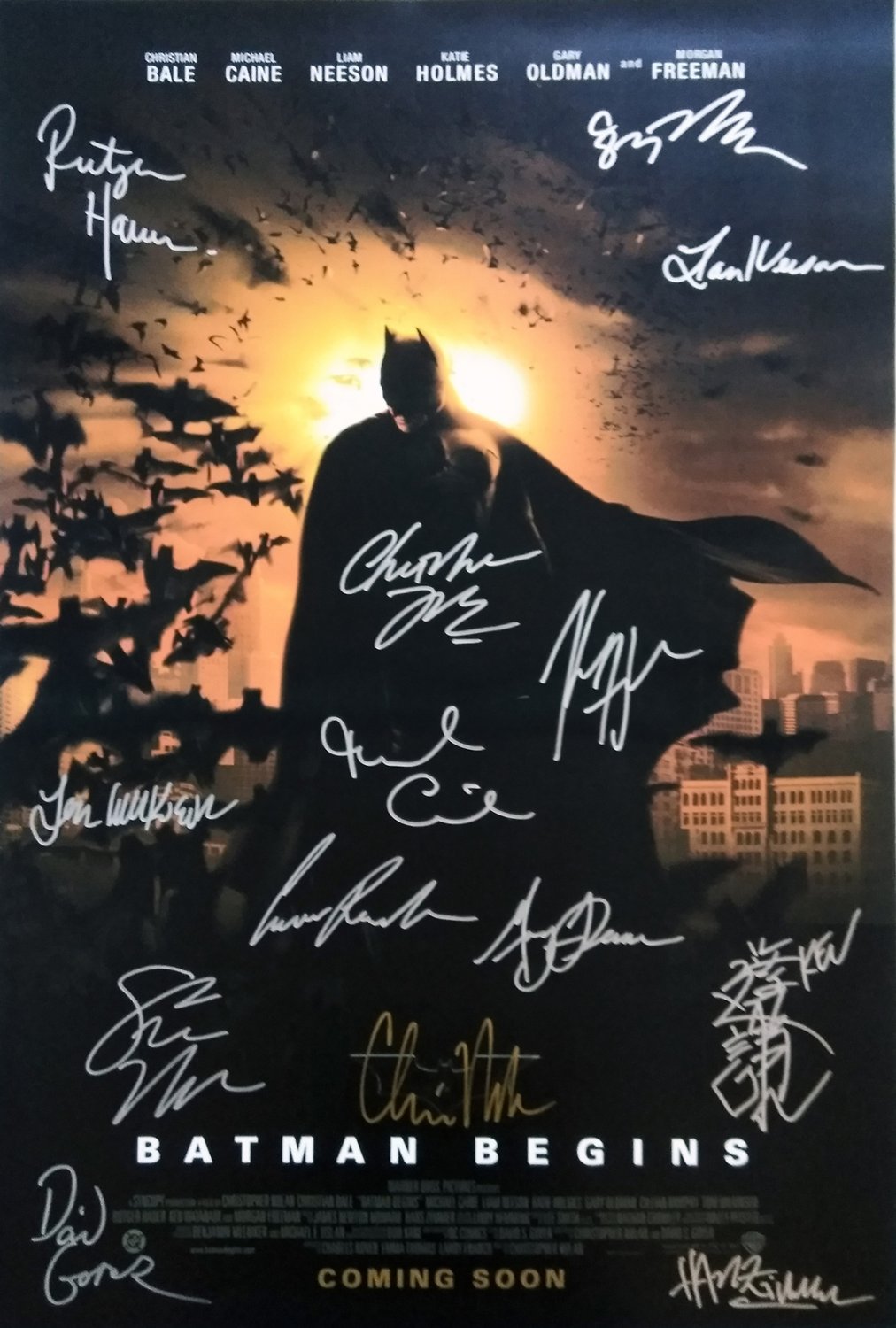 signed BATMAN BEGINS Movie Poster by 14 members of the Cast