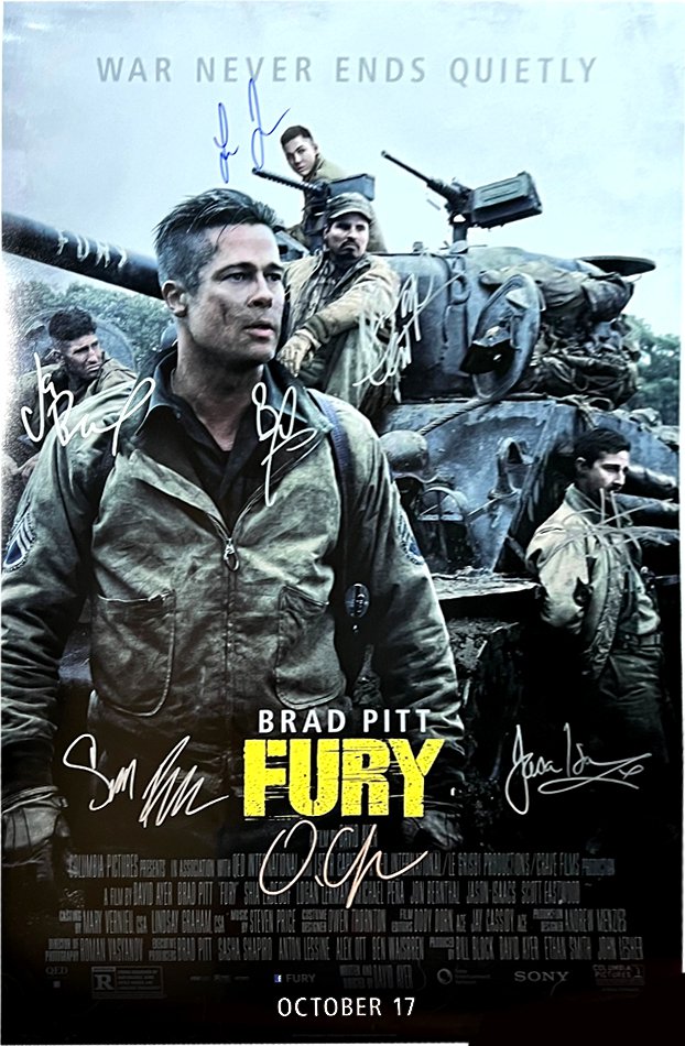 Signed FURY MOVIE Movie Poster by 8 members of the Cast