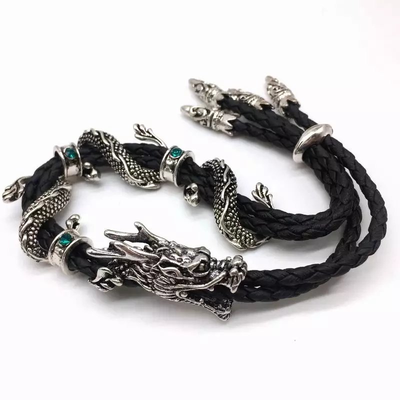 Classic Leather Rope Mens Dragon Bracelet