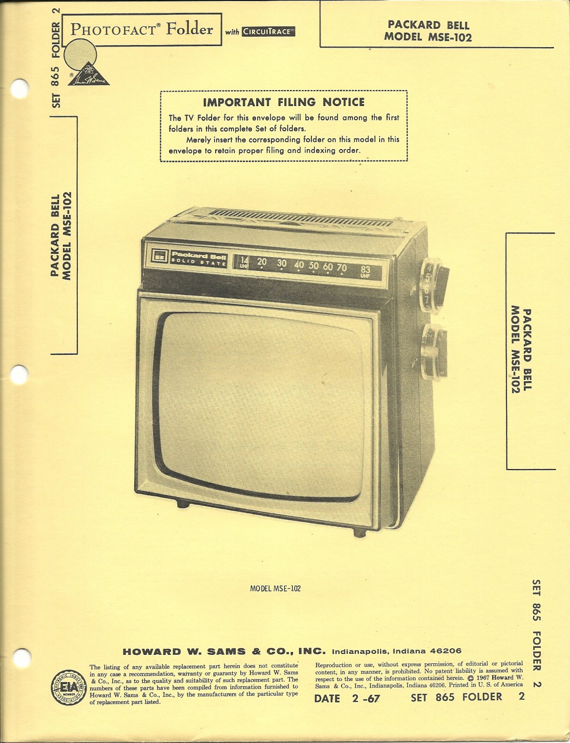 SAMS Photofact - Set 865 - Folder 2 - Feb 1967 - PACKARD BELL MODEL MSE-102