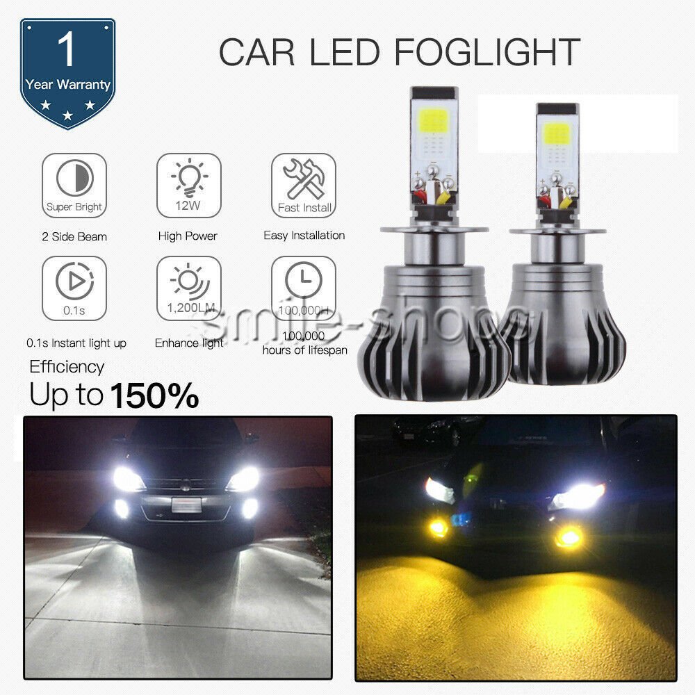 2x H3 24W COB LED Car Fog Light Bulbs White Yellow Dual Color 2400LM ...