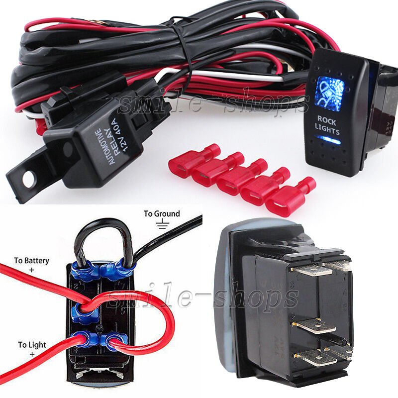 12V On/Off 5 pins Blue Rock Light Rocker Switch Kit with Relay Wiring ...