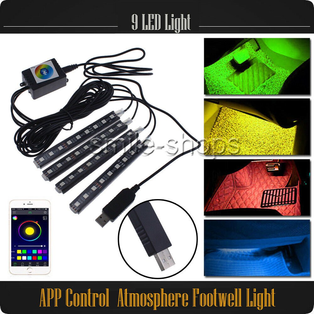 RGB 9 LED Strip Car Interior Floor Atmosphere Light Bluetooth App Voice ...