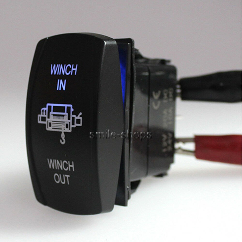 Momentary LASER Rocker Switch LED Light 7 Pin BLUE WINCH IN WINCH OUT ...