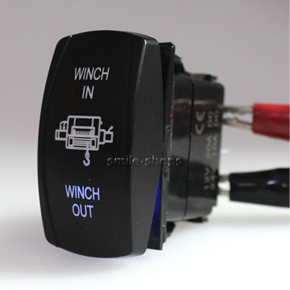 Momentary LASER Rocker Switch LED Light 7 Pin BLUE WINCH IN WINCH OUT ...