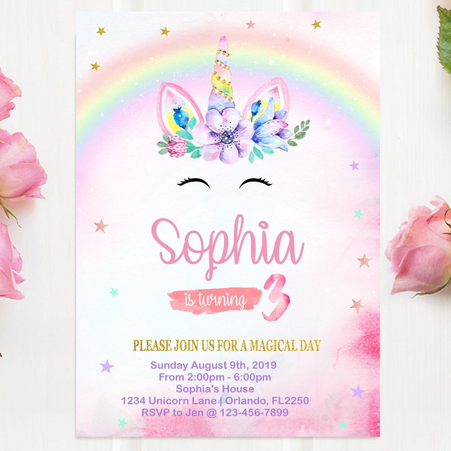 Personalized Unicorn Invitation Design 2 Rainbow watercolor Digital ...
