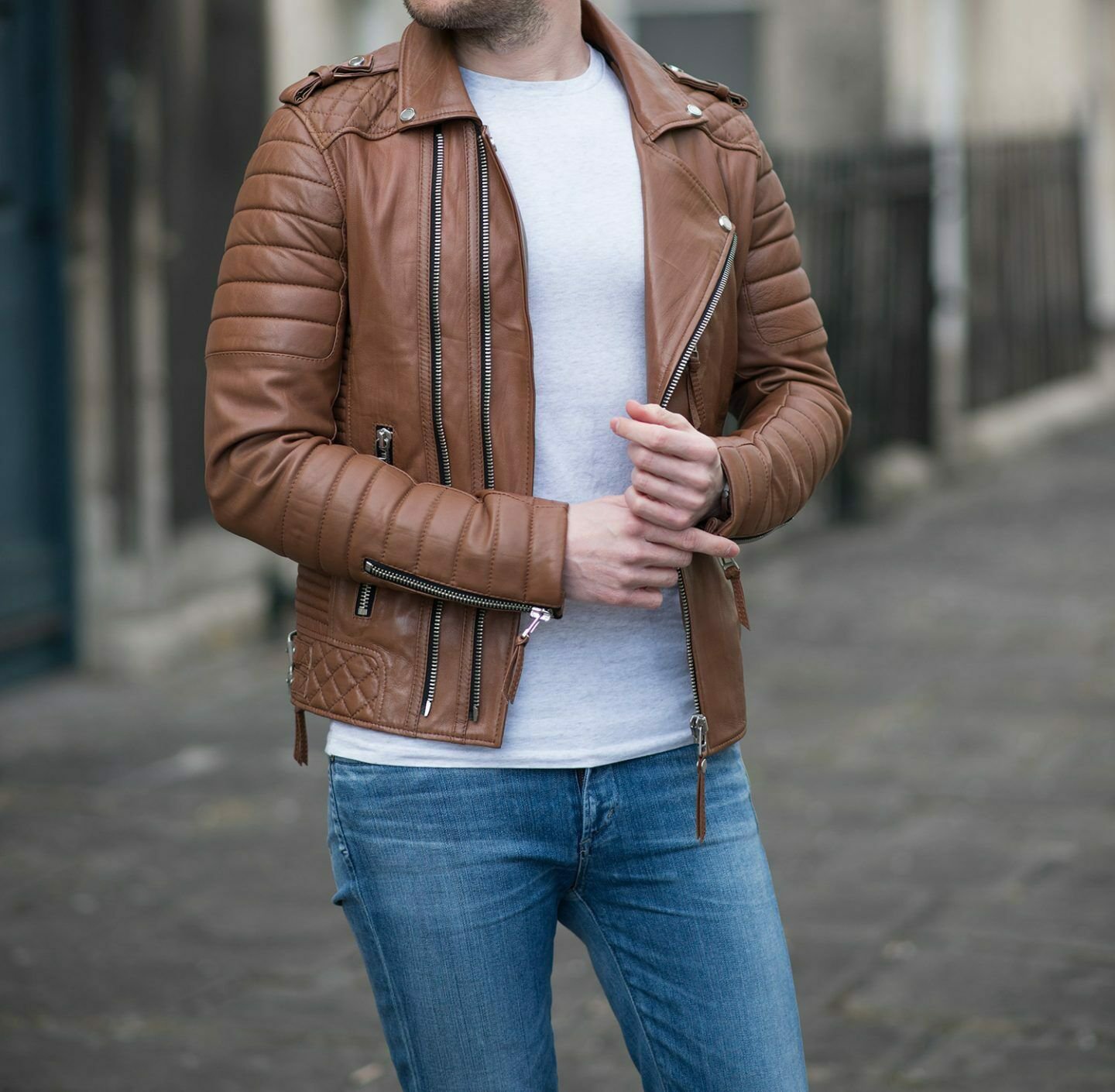 Mens Lambskin Genuine Tan Motorcycle Biker Leather Jacket - 25