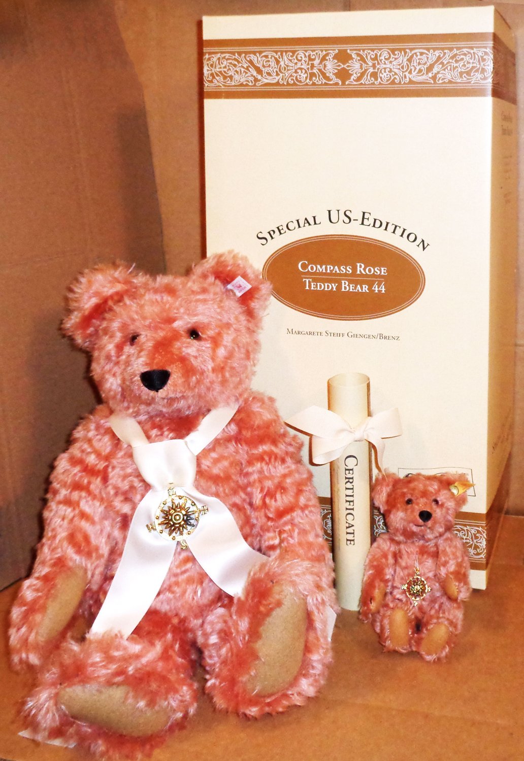 Steiff Compass Rose Pink Teddy Bears Big 17" and Mini 7" Set 1995