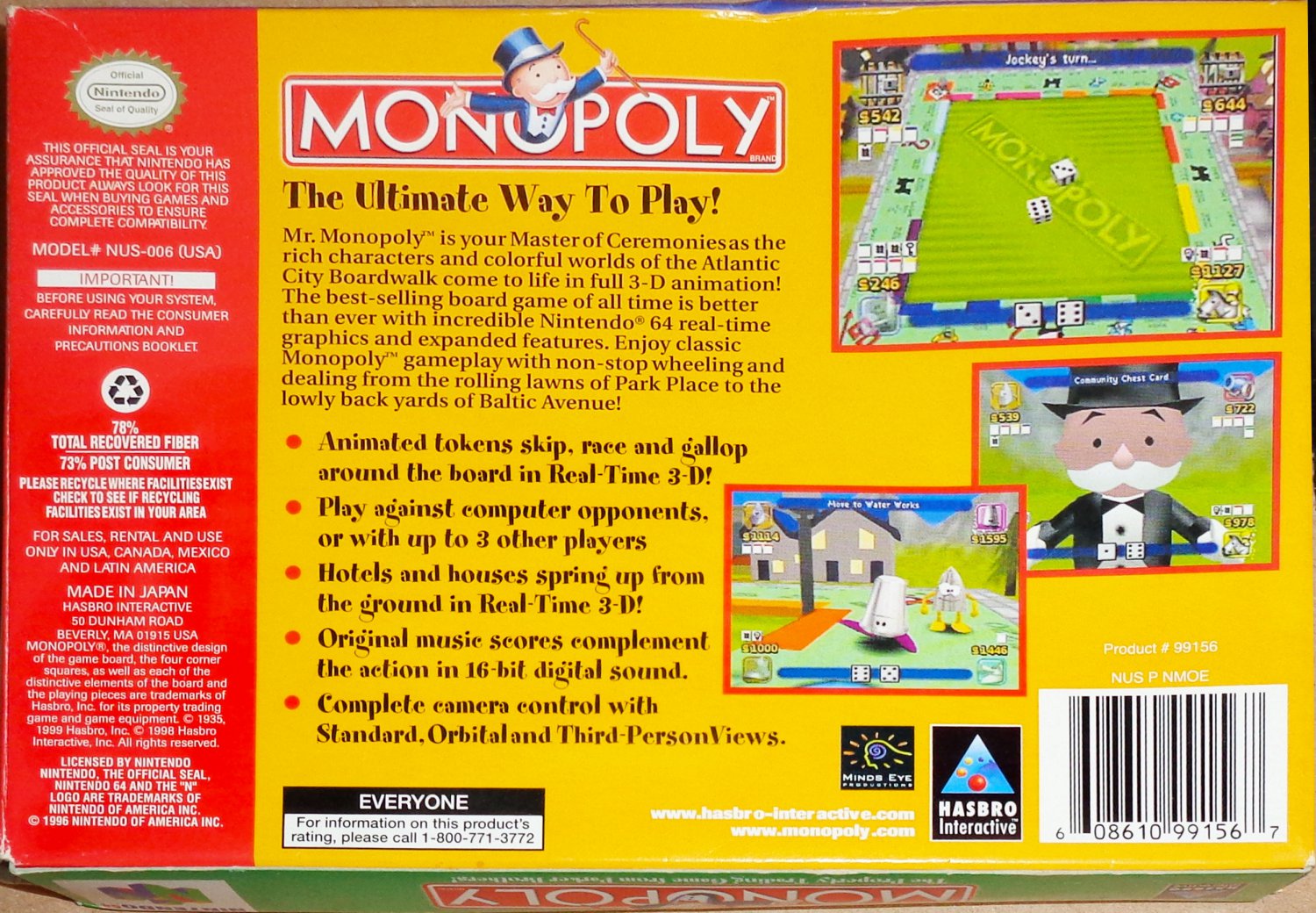 Hasbro 1999 Monopoly Board Game Nintendo 64 N64 Game Complete in Box w ...