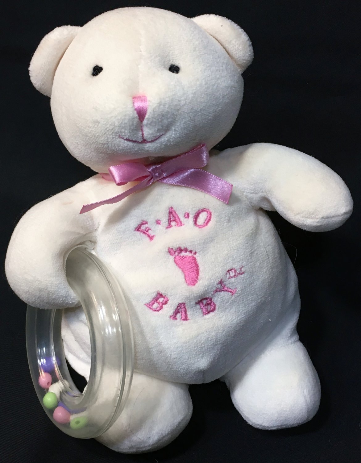 FAO Schwarz Baby Bear Rattle Ring Ivory Cream Pink Plush Stuffed Animal ...