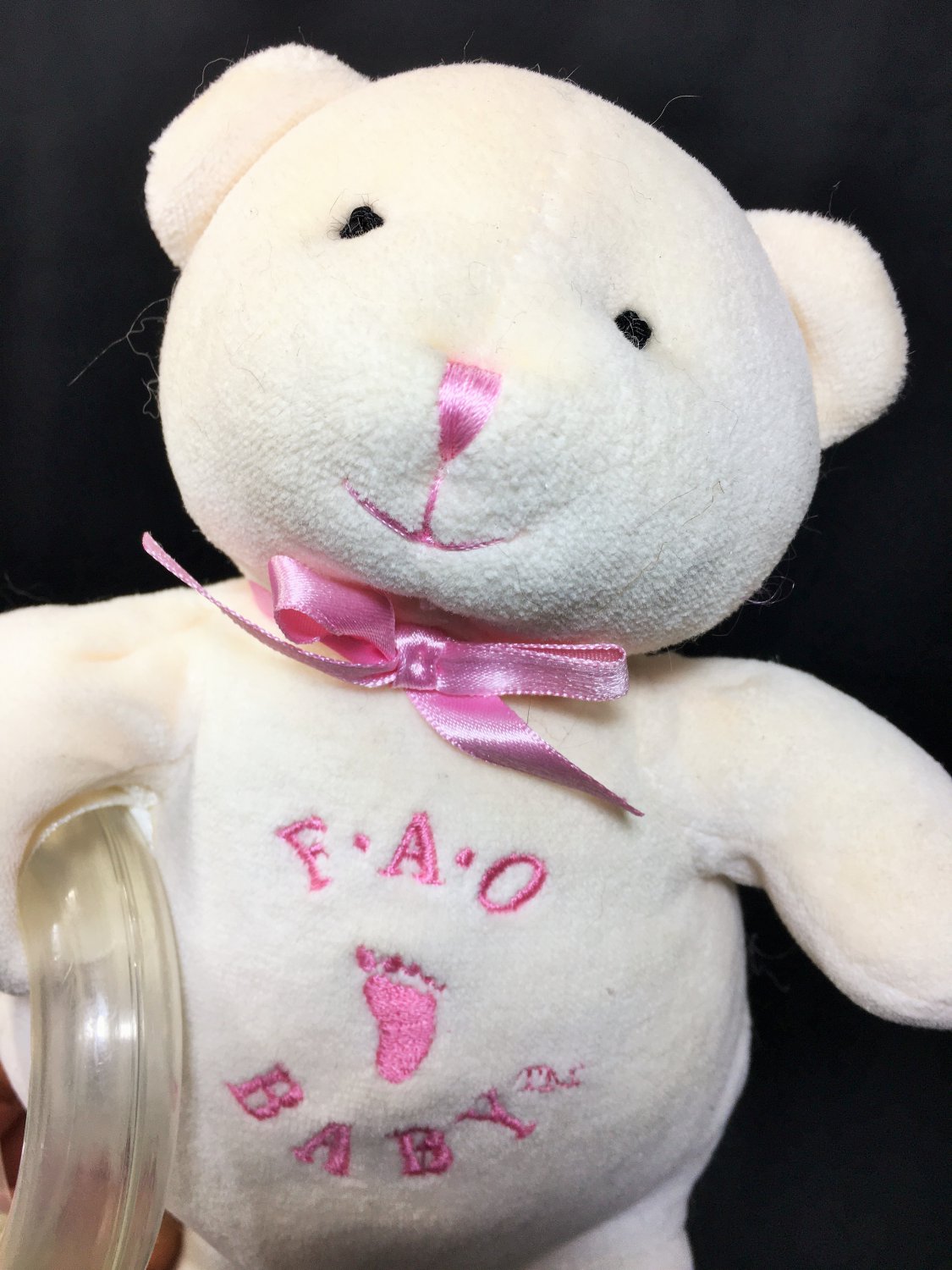 FAO Schwarz Baby Bear Rattle Ring Ivory Cream Pink Plush Stuffed Animal ...