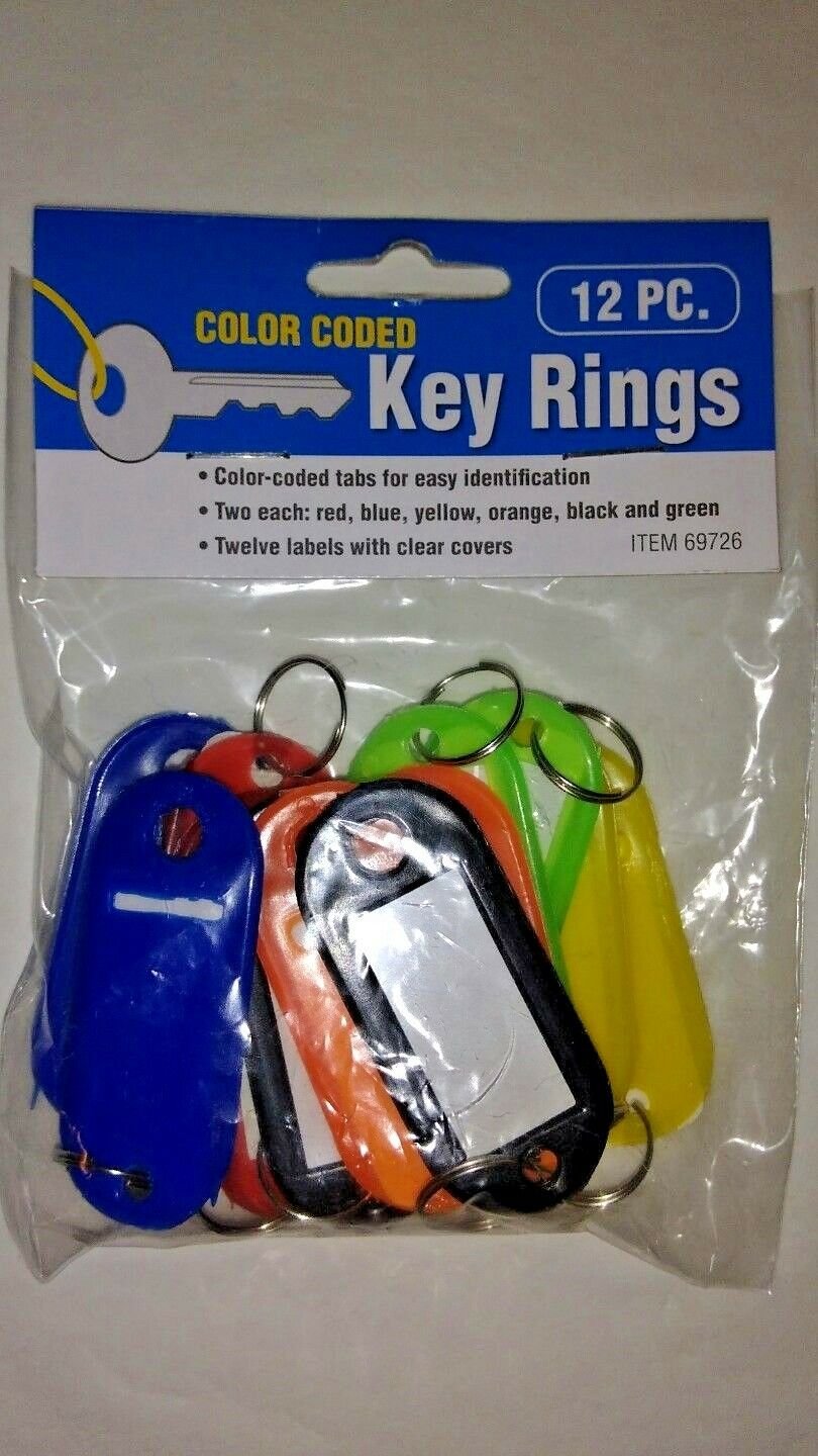 HFT Color Coded Key Rings, 12pc w/Twelve Labels w/Clear Covers LOT OF ...
