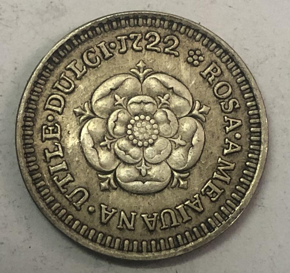 1722 Rosa Americana Colonials Two Pence Silver Plated Copy Coin