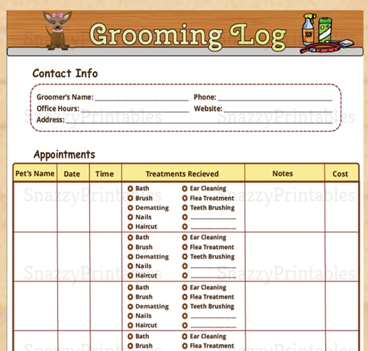 Dog Grooming Log Printable