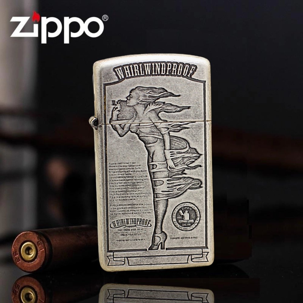 Slim Antique Silver Plate Windy Pool Girls Zippo Lighter