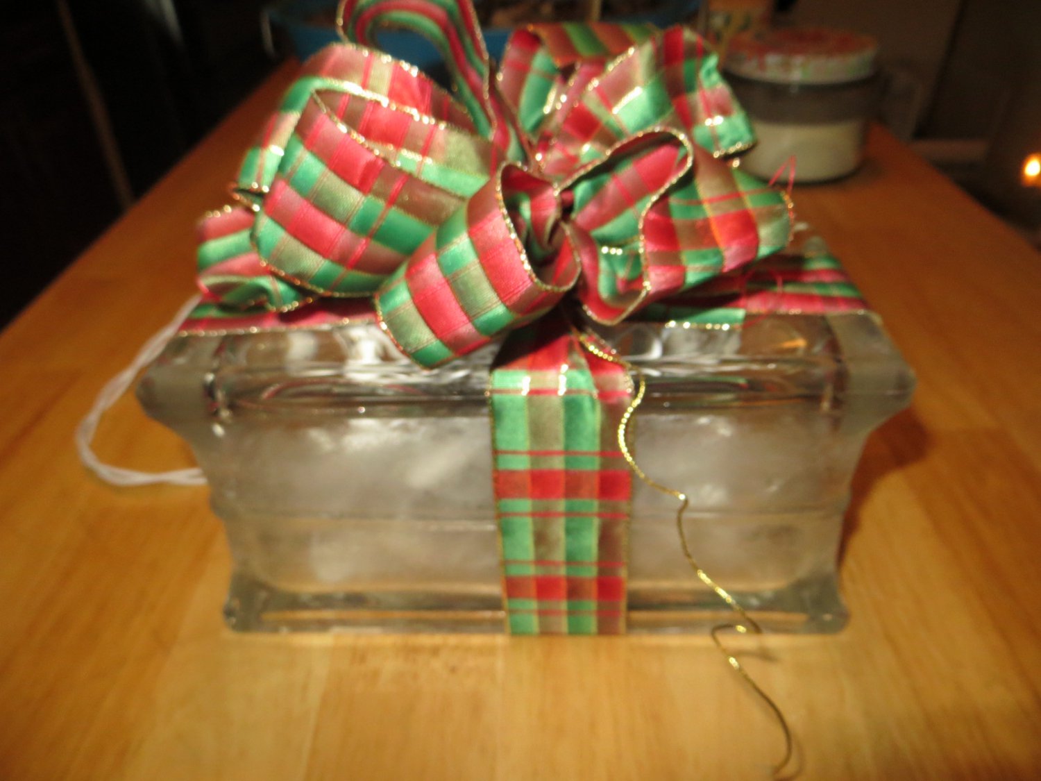 Handmade Christmas Lighted Glass Block - Multicolor Ribbon