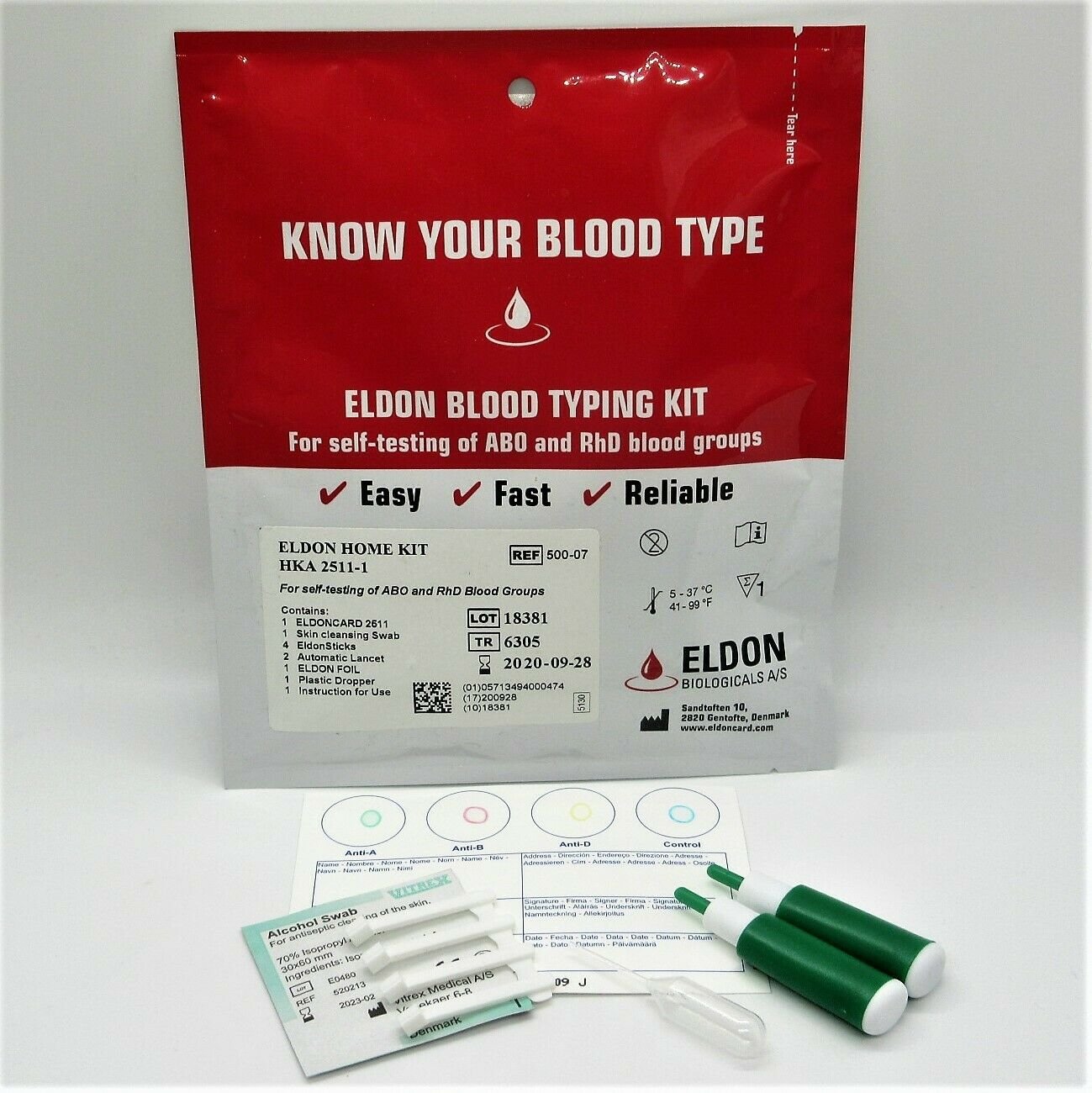 1 x Blood Type Test Kit Eldon Home Blood Group Testing Kit - CE Marked