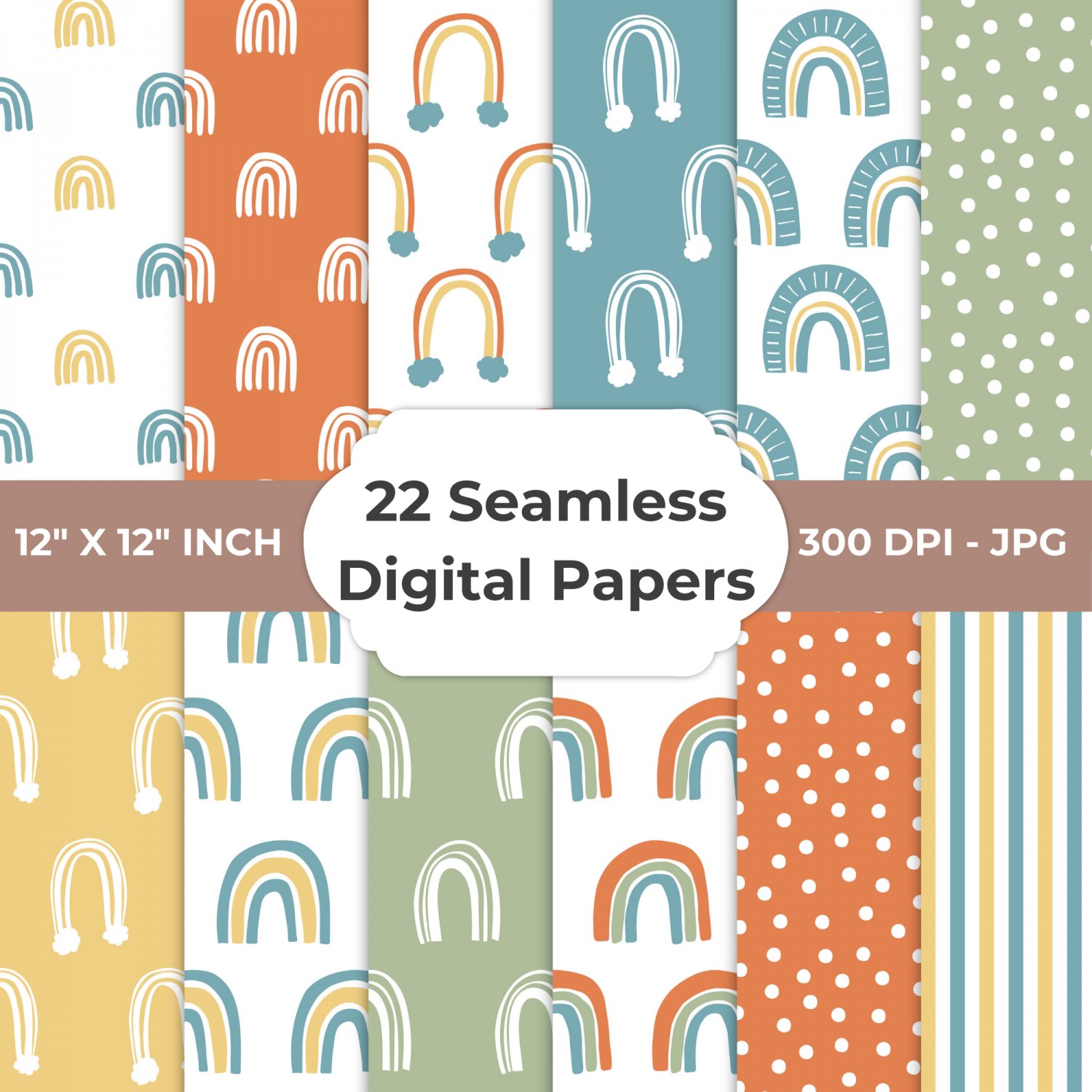 Retro Boho Rainbow Digital Paper Pack 5