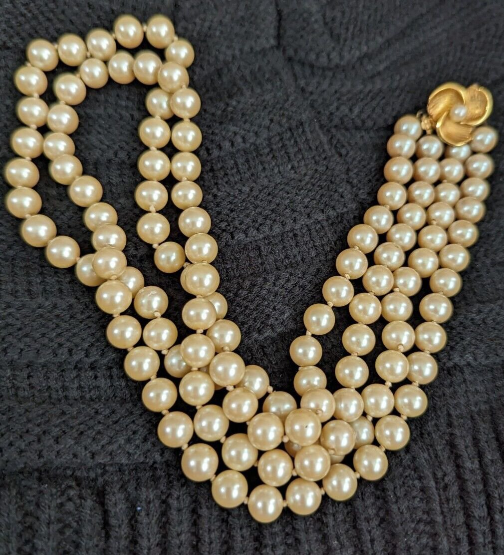 Vintage Multi strand Pearl Necklace With Golden Flower