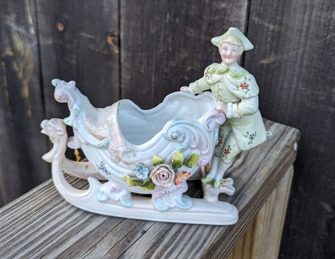 Vintage German Bisque Porcelain Figurine Vase Lady with Sleigh Sled Dragon