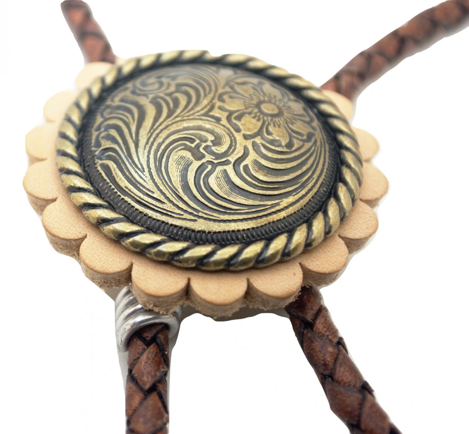 Southwest Style Bolo Tie, Rope Edge Western Engraved Brass Western Bolo Tie