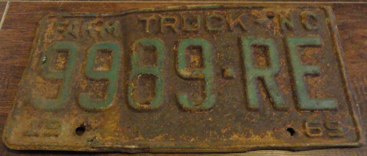 1969 9989 RE North Carolina farm truck license plate