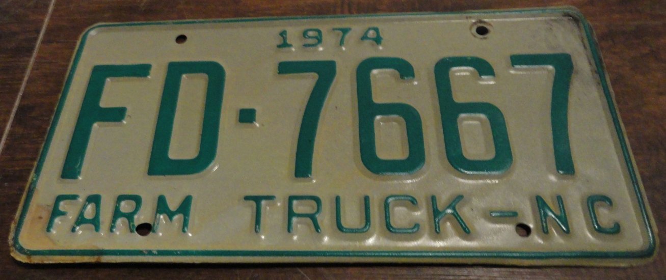 1974 FD 7667 North Carolina farm truck license plate