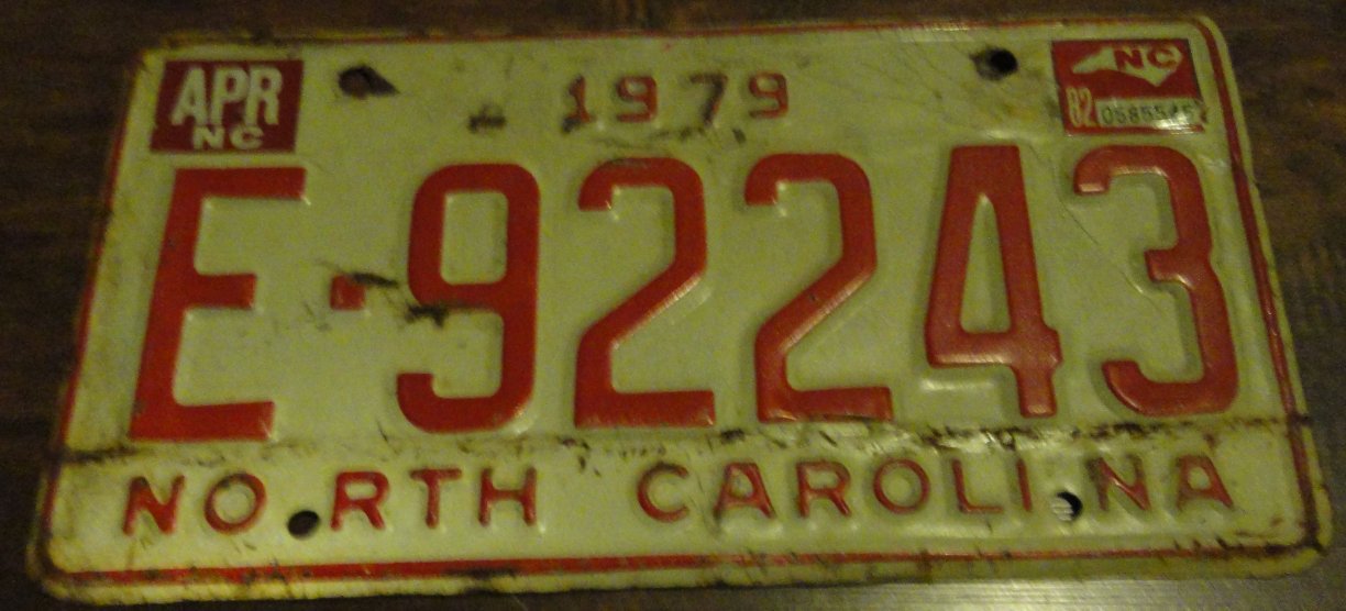 1979 E 92243 North Carolina license plate with April 1982 sticker