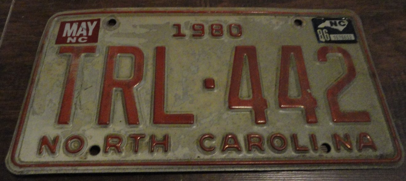 1980 TRL 442 North Carolina license plate with May 1986 stickers