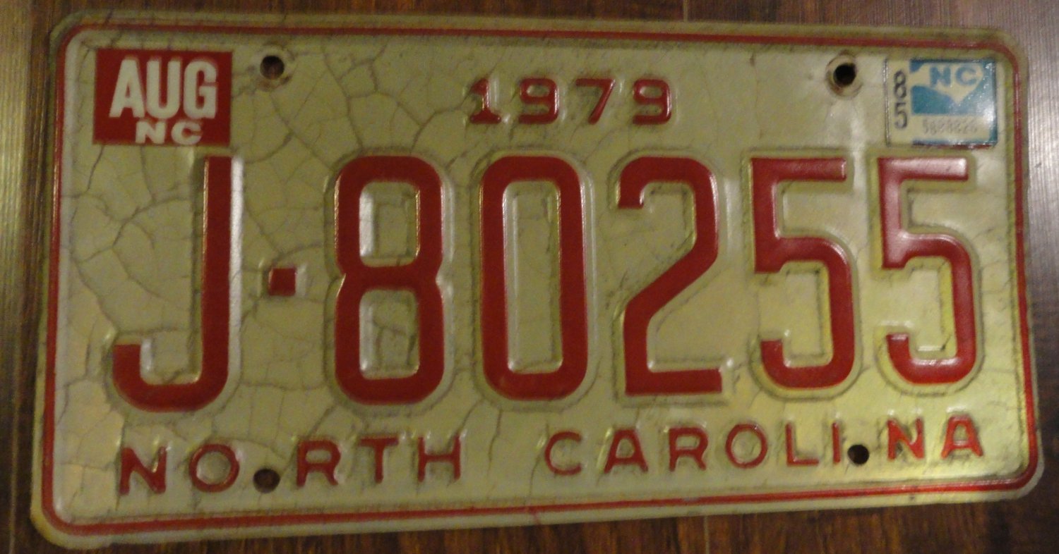1979 J 80255 North Carolina license plate with August 1985 sticker