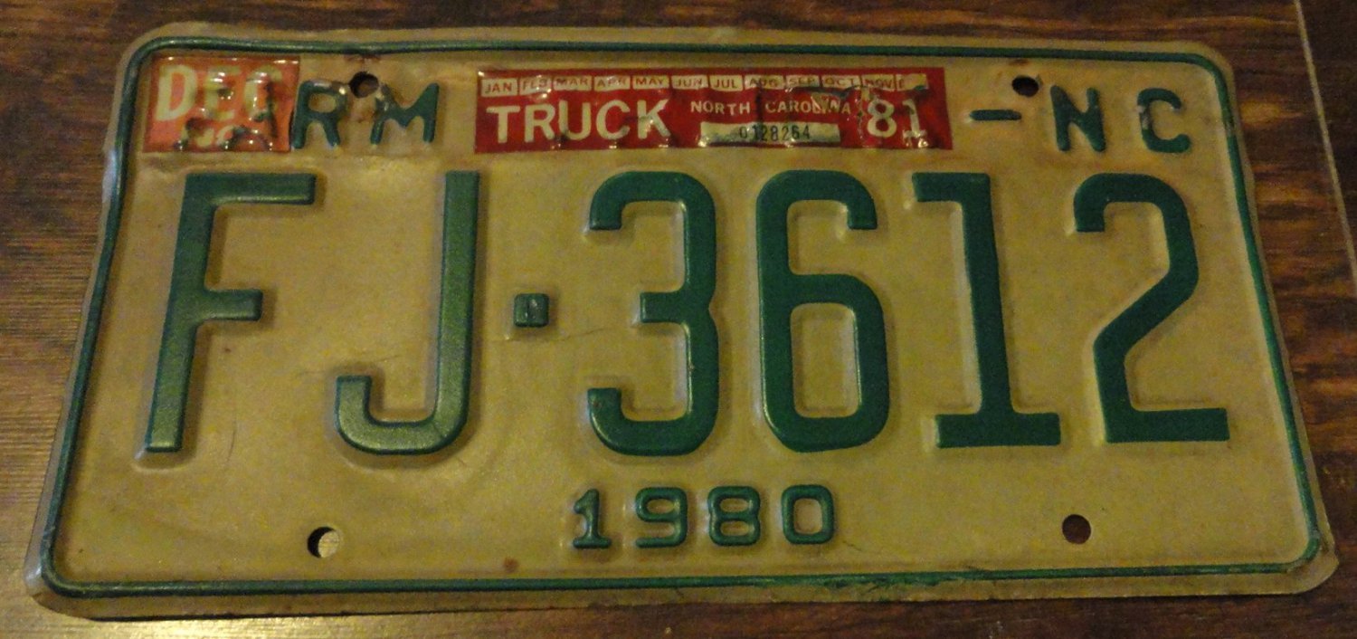 1980 FJ 3612 North Carolina farm truck license plate with 1981 sticker