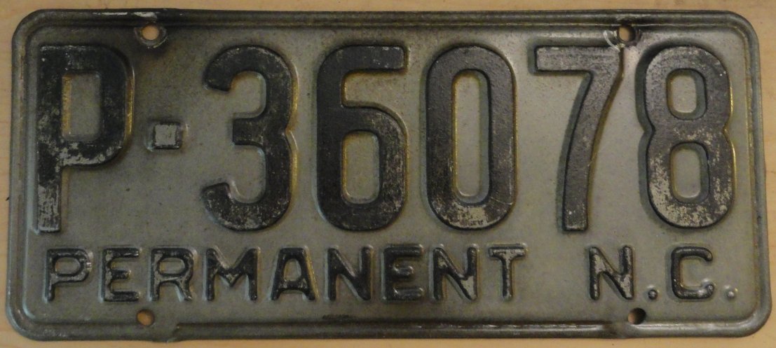 1950's North Carolina permanent license plate P 36078 police