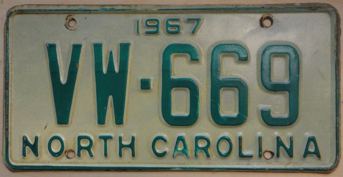 1967 North Carolina license plate VW 669 Volkswagen