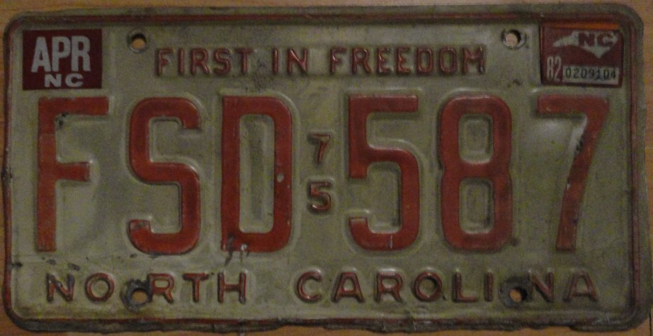 1975 North Carolina license plate FSD 587 with April 1982 stickers
