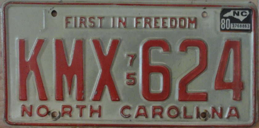 1975 North Carolina license plate KMX 624 with 1980 sticker