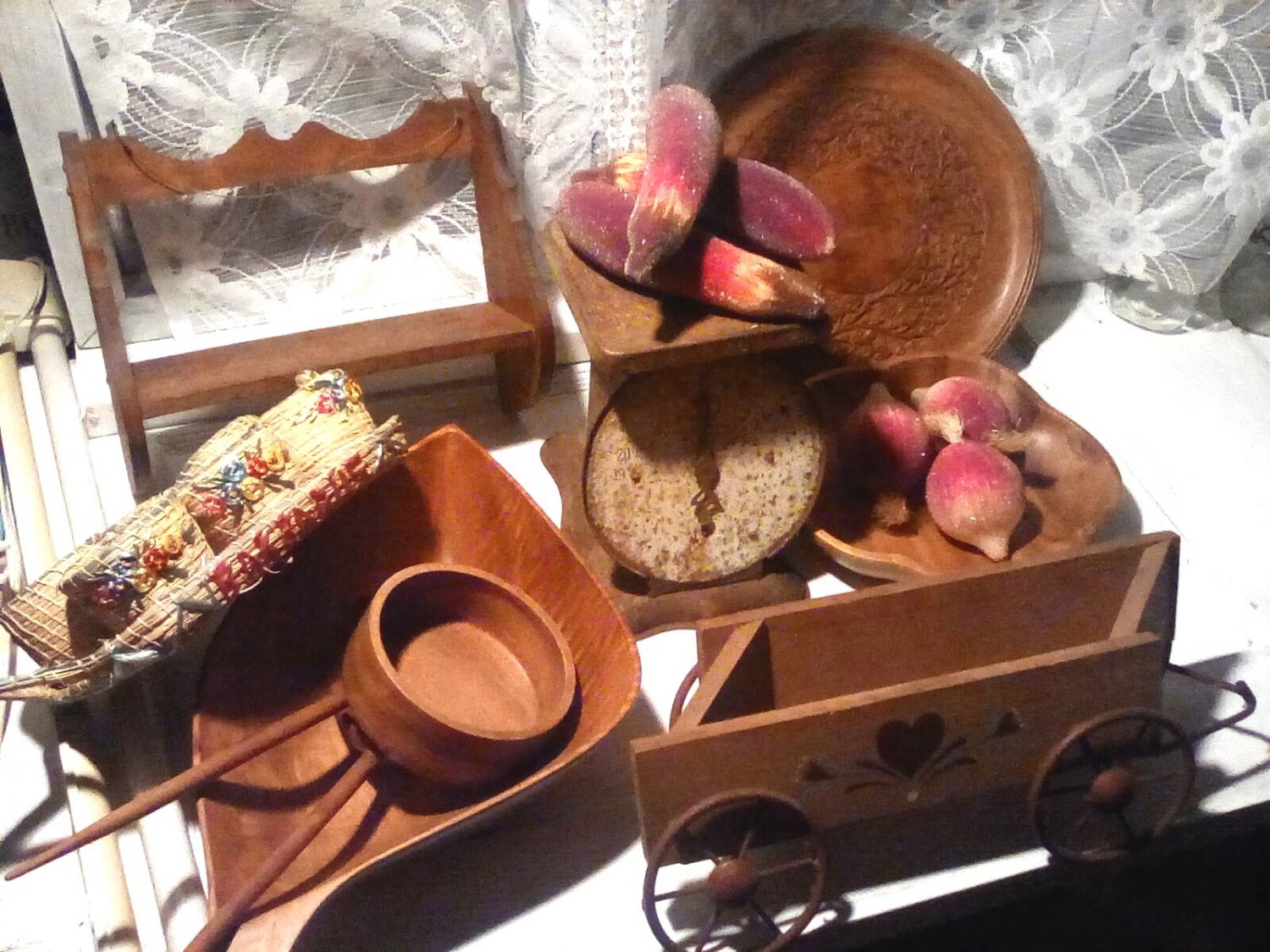 Vintage rustic primitive farmhouse wood, scale, raffia Lot