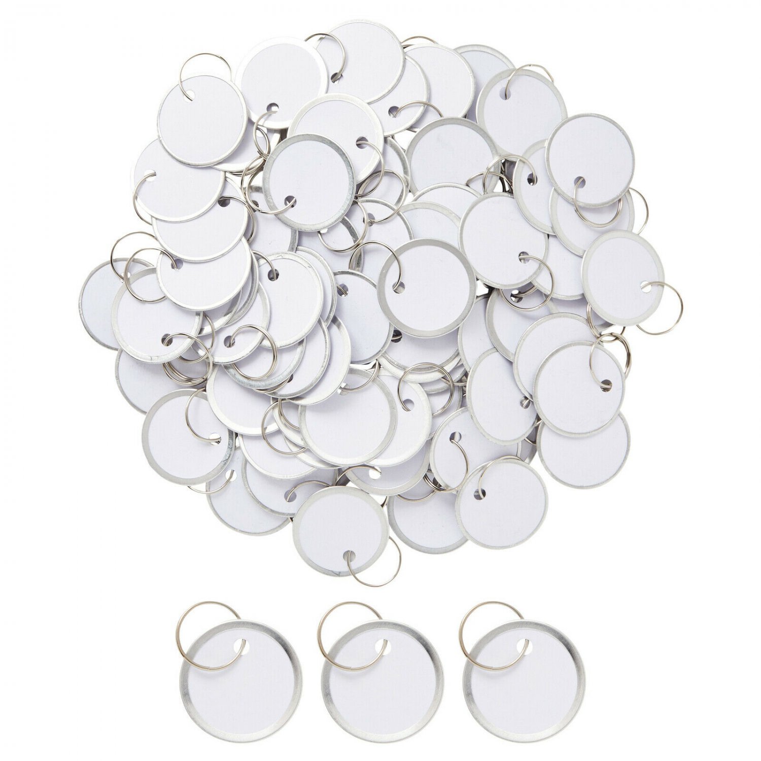 100 Pack Blank Paper Key Tags with Labels and Metal Rims, 1.2 in, White