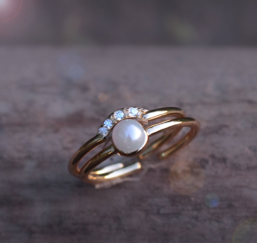 Gold Vermeil Double Layered Pearl Ring Crystal Adjustable Open Ring