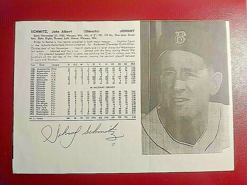 John Albert Schmitz Boston Red Sox 1940s Chicago Autograph Signed Photo
