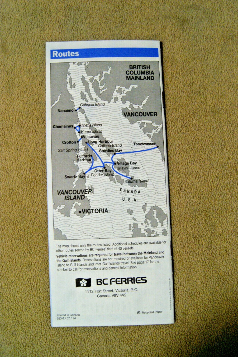 BC Ferries Schedules - Southern Gulf Islands - Sept 7, 1994
