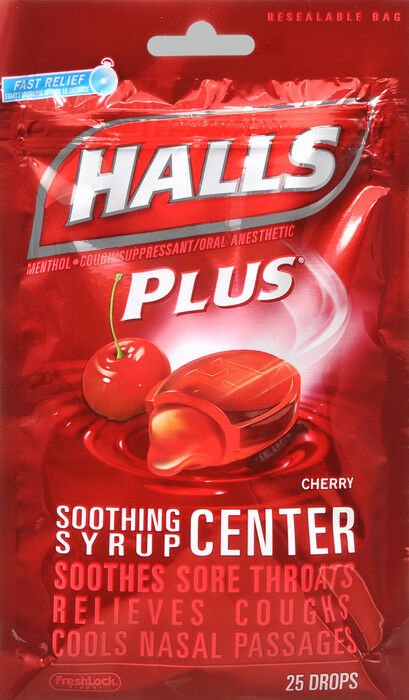 HALLS Plus Soothing Syrup Center Cherry Flavor Menthol Drops 25 ct Bag