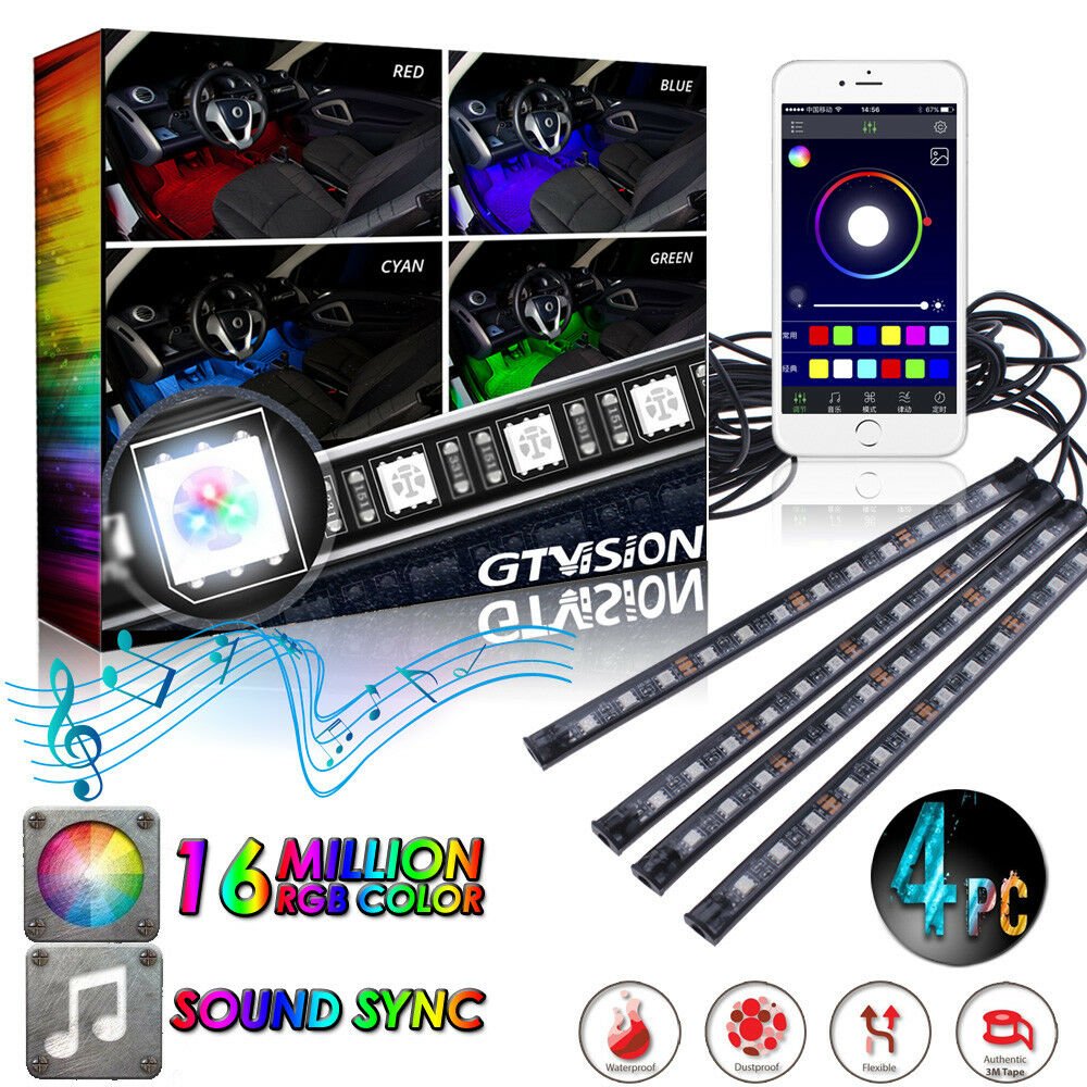 4x RGB Color Bar Glow Dash Footwell Interior Light 48 LED Strip SMD APP ...