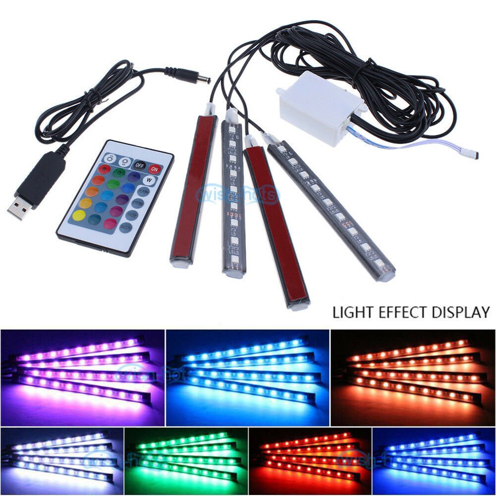4x RGB 9 LED Strips 7 Colors Car Interior Floor Atmosphere Light Remote ...